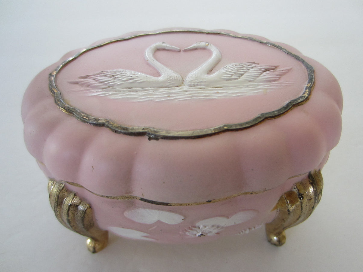 Sankyo Japan Pink Oval White Swans Lilies Musical Jewelry Box ...