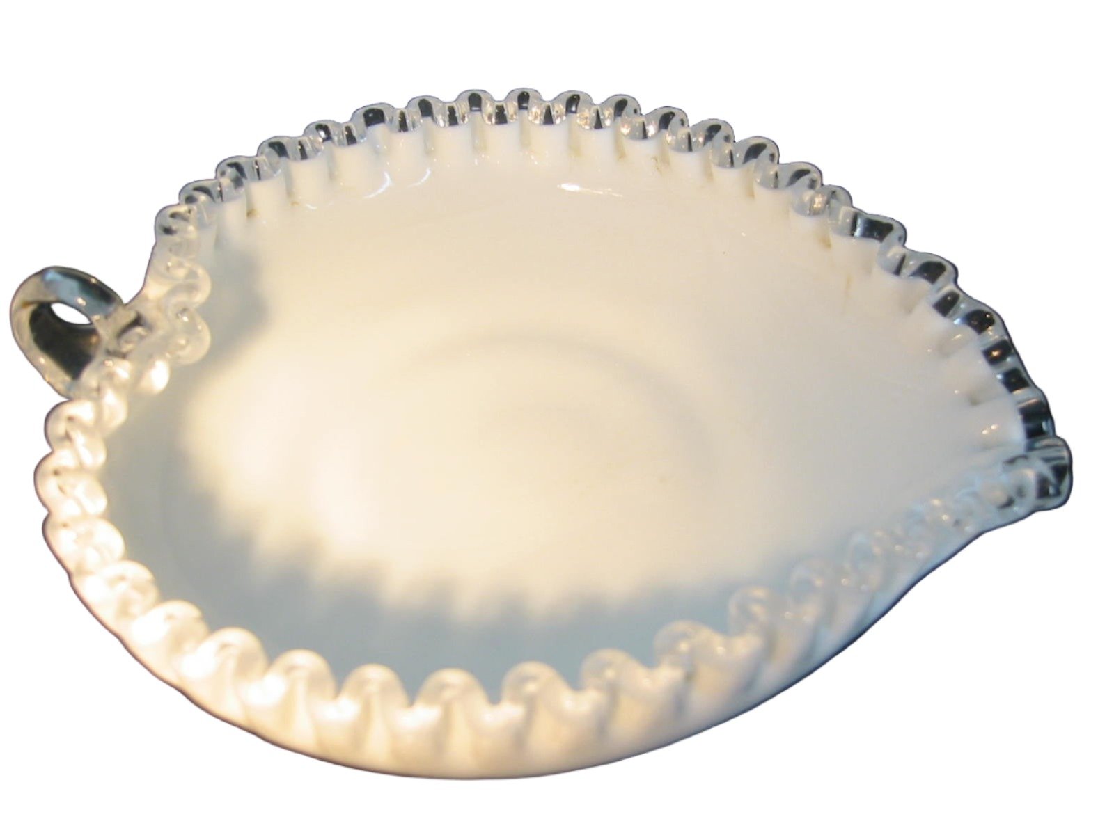 Fenton Milk Glass Heart Shape Silver Sheen Ruffle Condiment Bowl ...