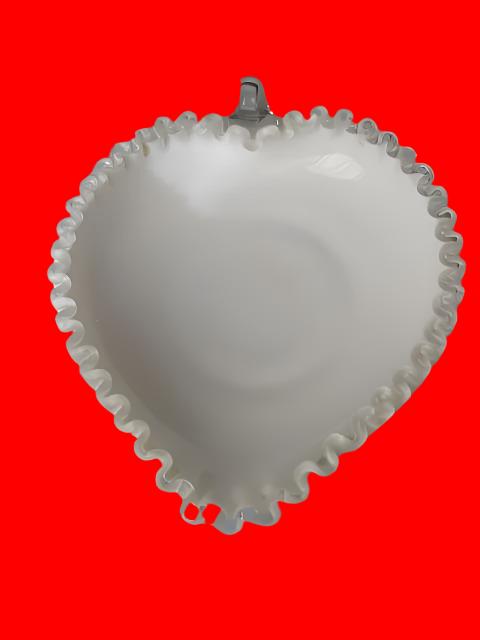 Fenton Milk Glass Heart Shape Silver Sheen Ruffle Condiment Bowl ...