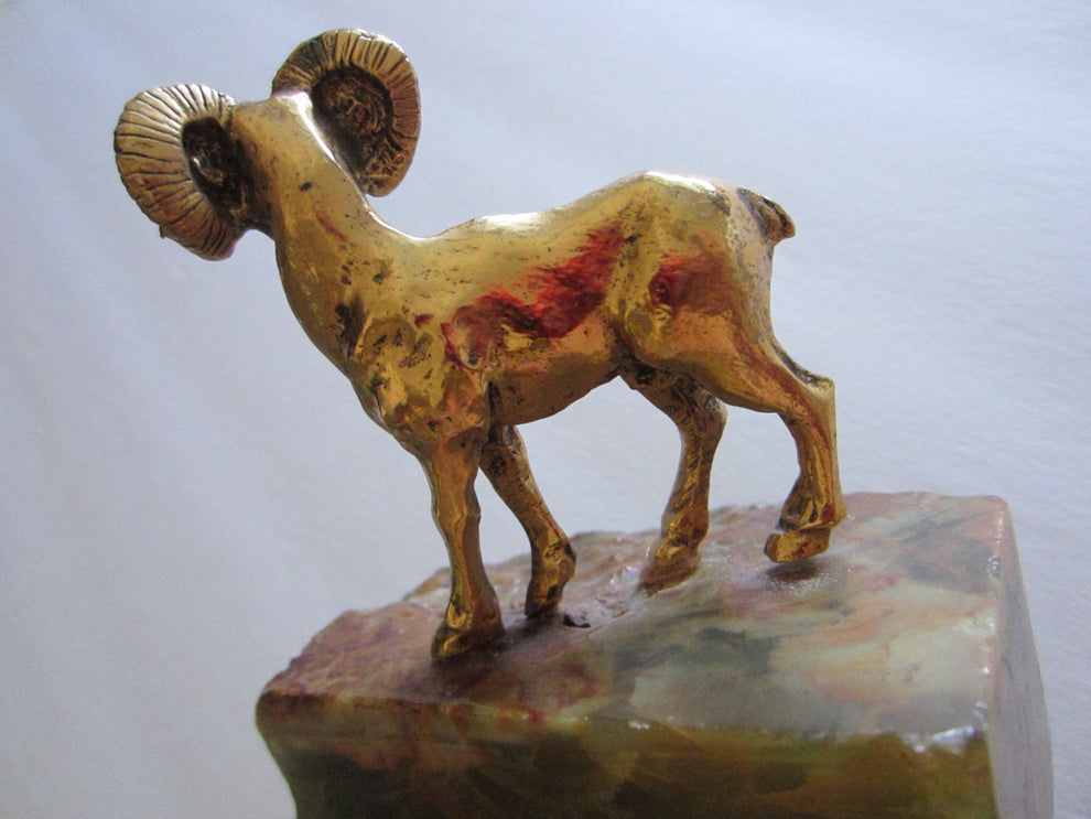 Bronze Ram Folk Art Sculpture Stone Stand – Designer Unique Finds
