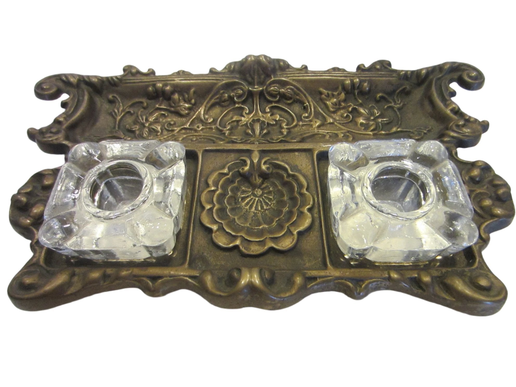 Rococo Style Bronze Inkwell Clam Shell Glass Inserts Floral Relief ...