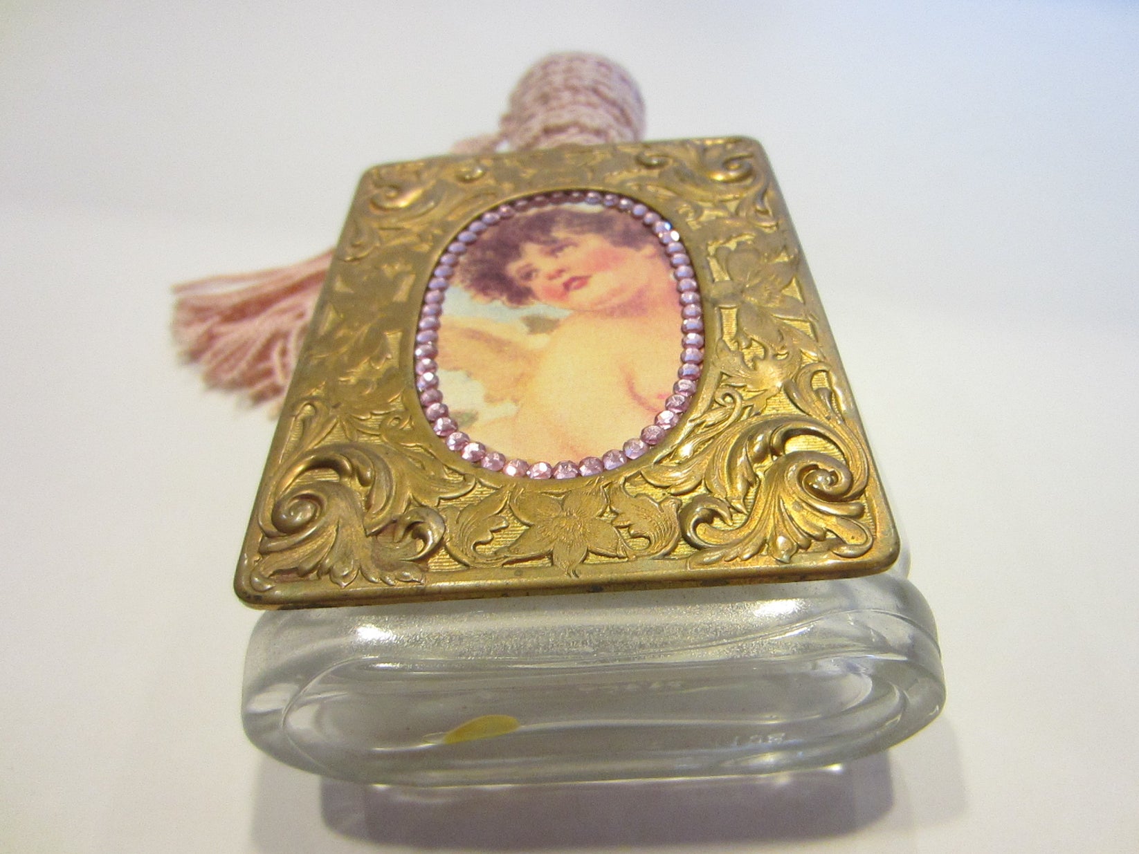 French VCA Glass Perfume Bottle Bronze Plate Angel Portrait Pink Cryst ...