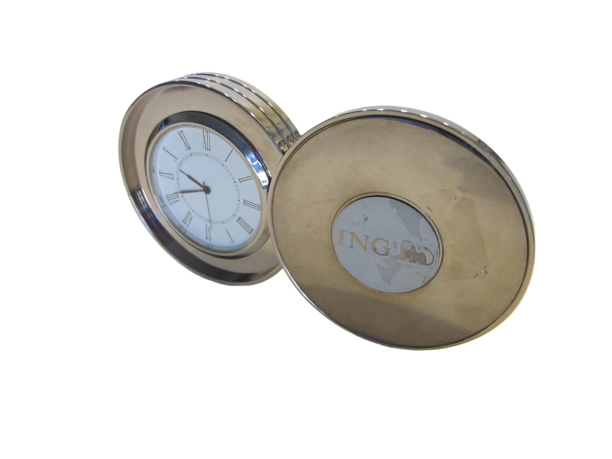 ING Chrome Stainless Steel Disk Folding Desk Clock – Designer Unique Finds