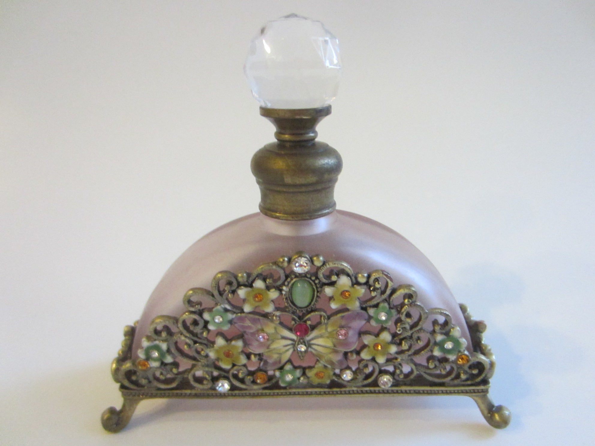 Lavender Glass Perfume Bottle With Enameled Flowers Butterfly ...
