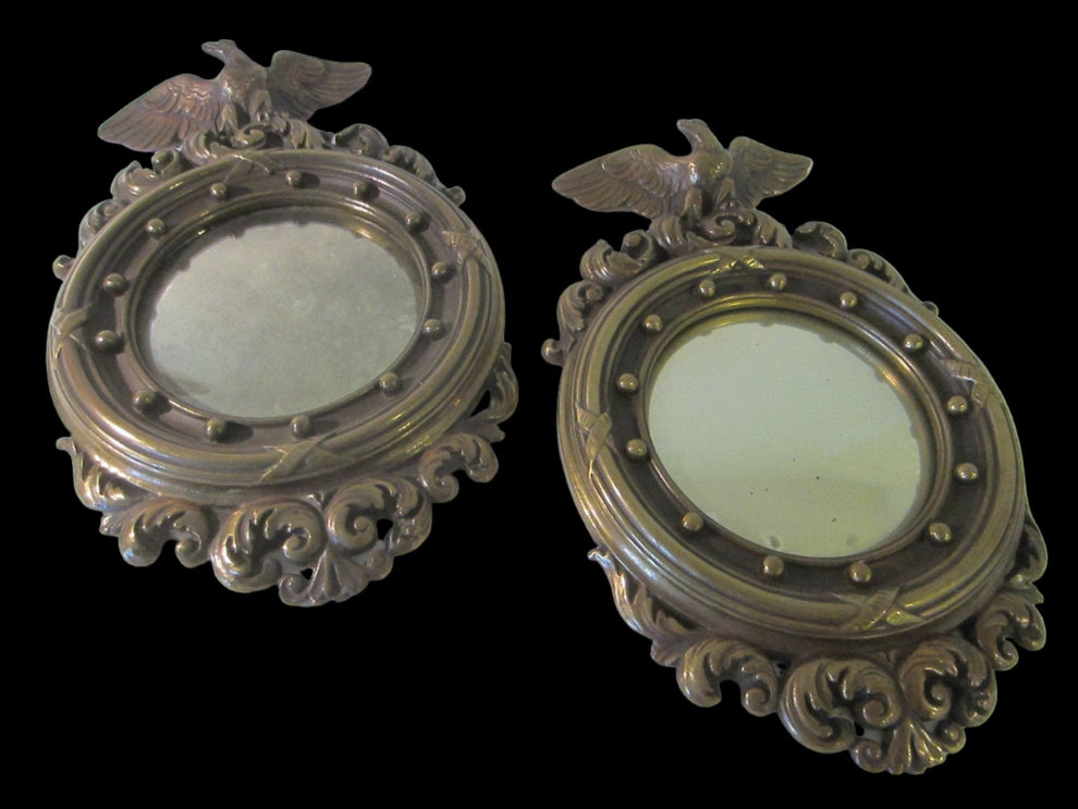 A Pair of Colonial Antiqued Eagle Crest Mid Century Convex Mirrors ...