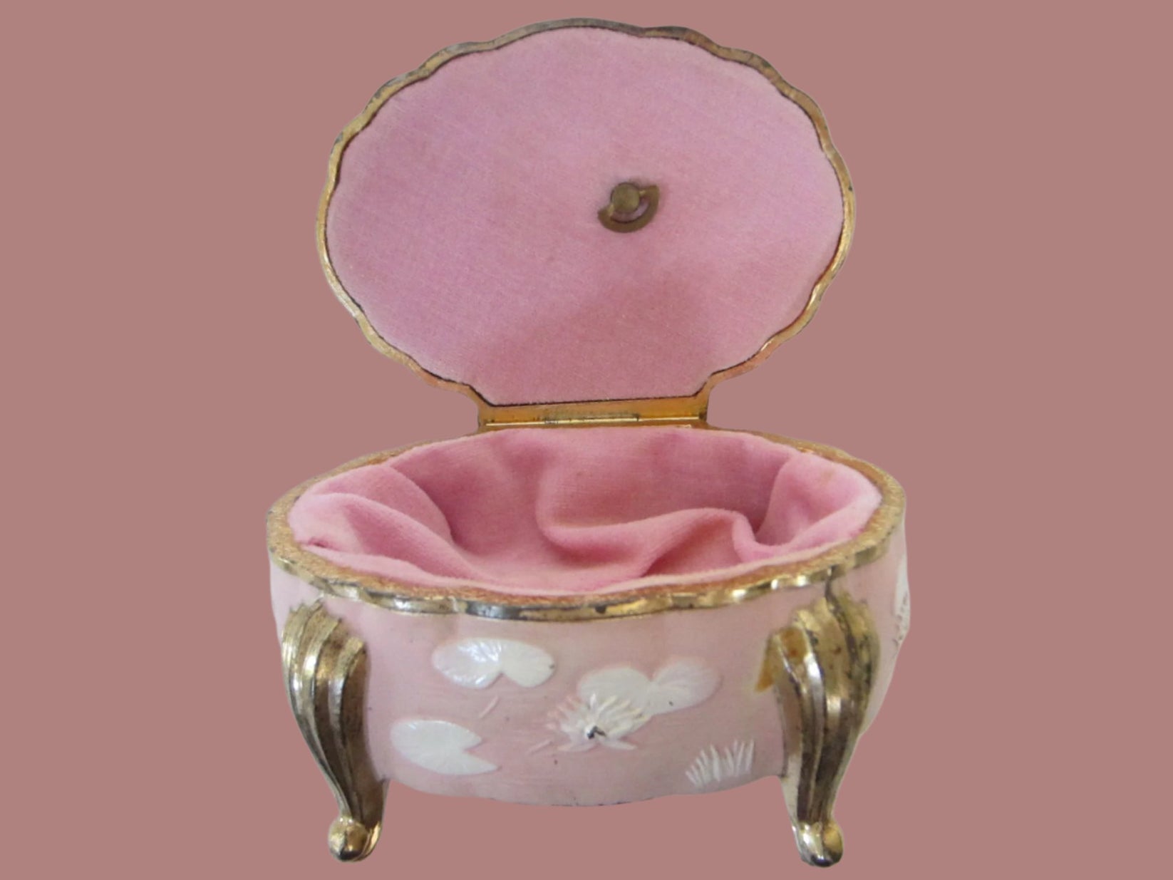 Sankyo Japan Pink Oval White Swans Lilies Musical Jewelry Box ...
