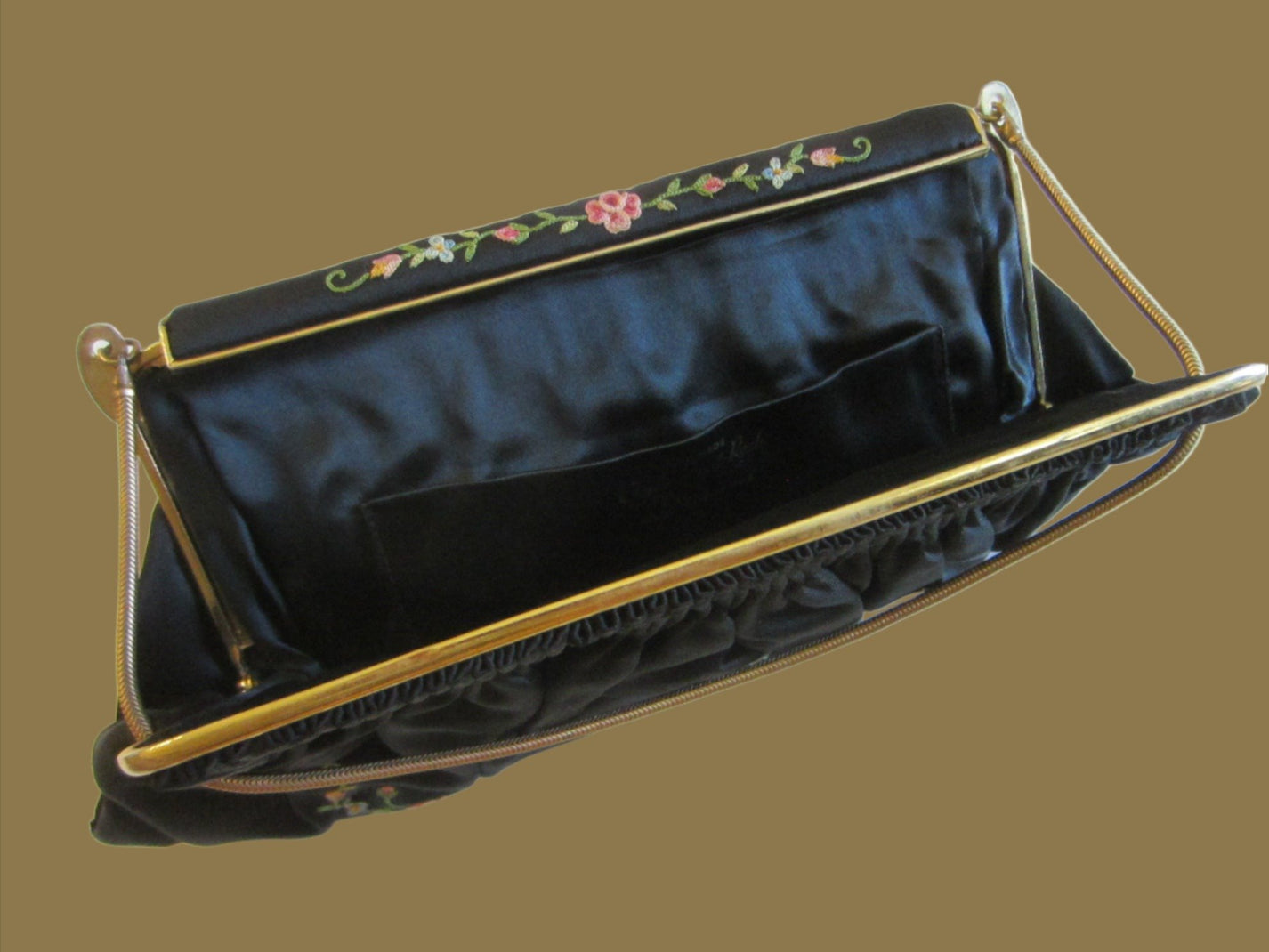 Black Satin Floral Applique Purse Hand Made In Paris France – Designer ...