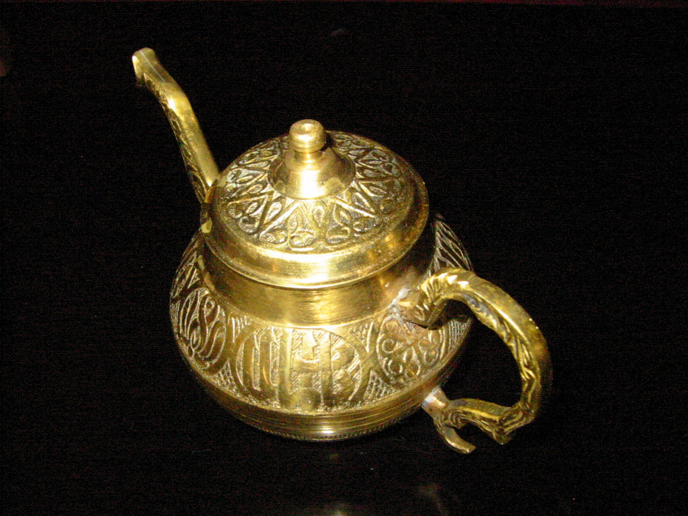 Asian Brass Teapot Embossed Dragon Spout Figurative Etched Symbols ...