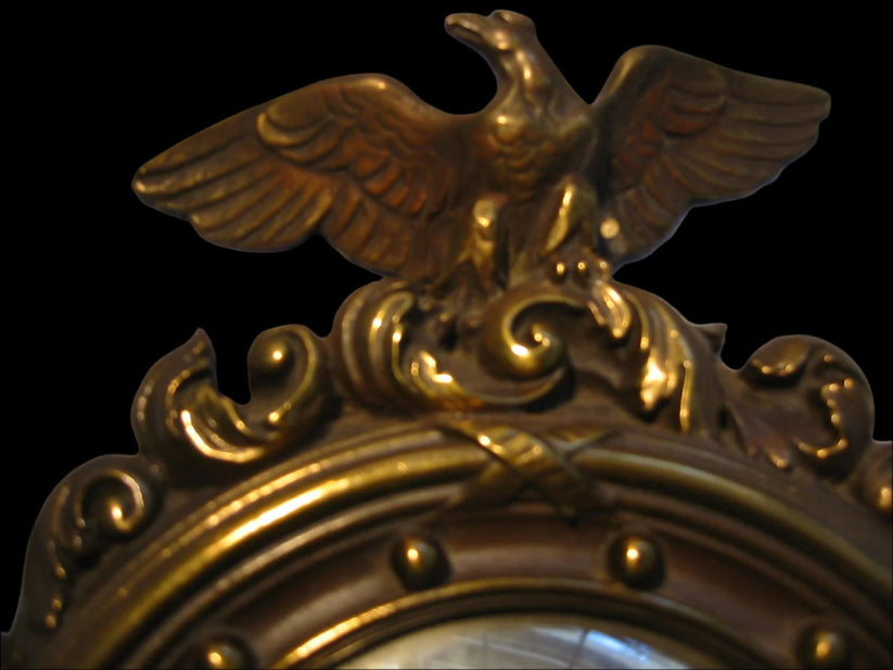 A Pair of Colonial Antiqued Eagle Crest Mid Century Convex Mirrors ...