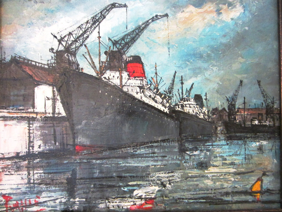 French Impressionist Cargo Ship Marine Signed Oil On Canvas Titled Por ...