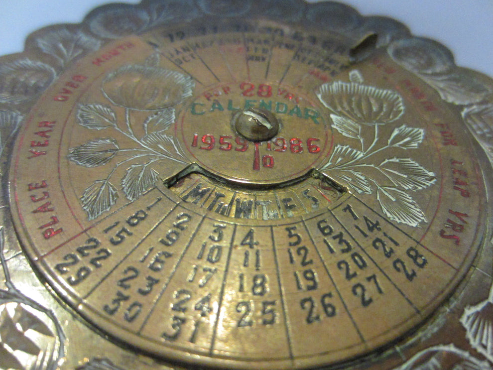 Perpetual Brass Desk Calendar Painted Etched Flowers Self Stand ...