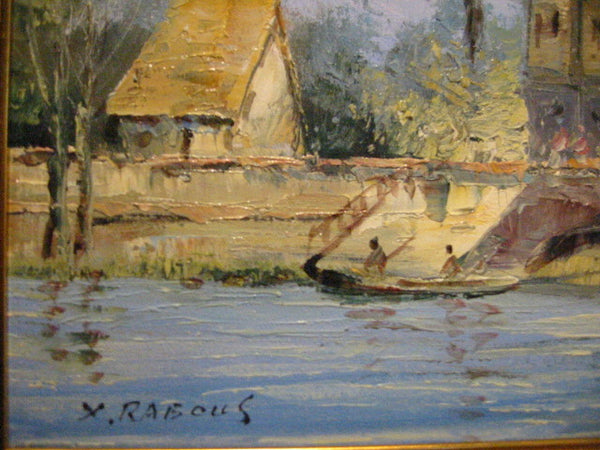 Xavier Rabous Impressionist Houseboat Fisherman Signed Oil on Canvas ...