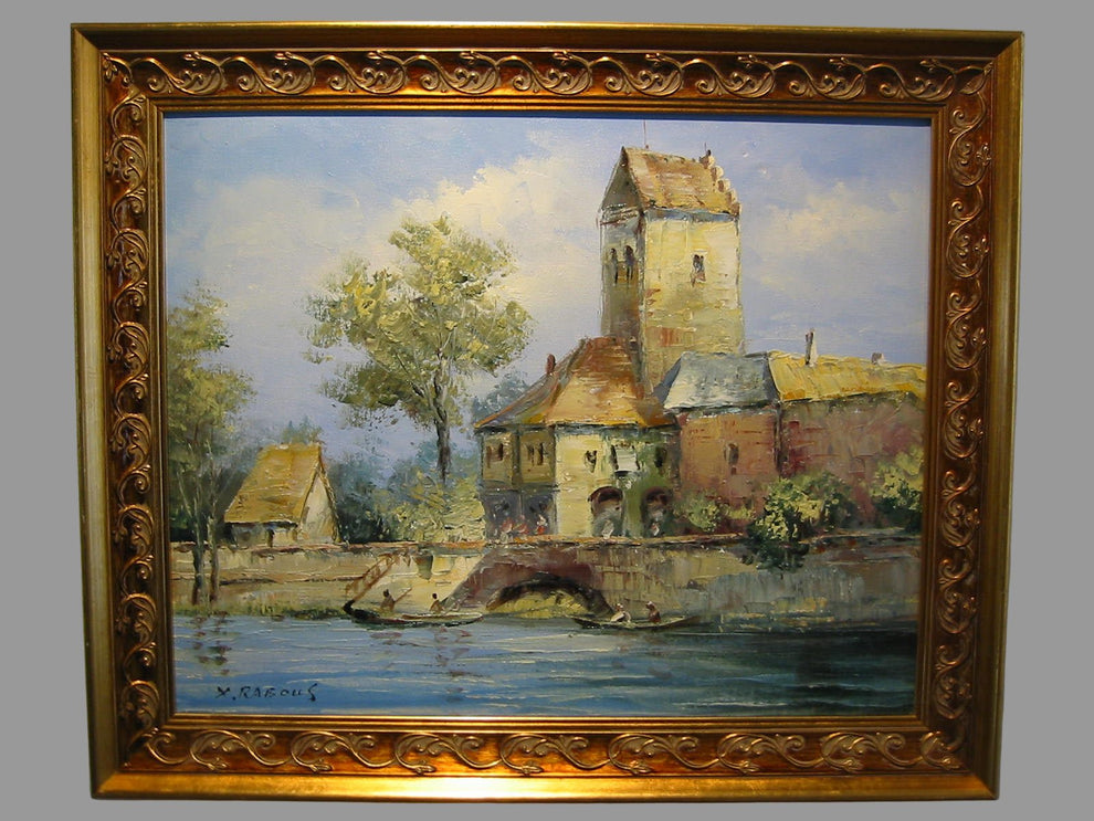 Xavier Rabous Impressionist Houseboat Fisherman Signed Oil on Canvas ...