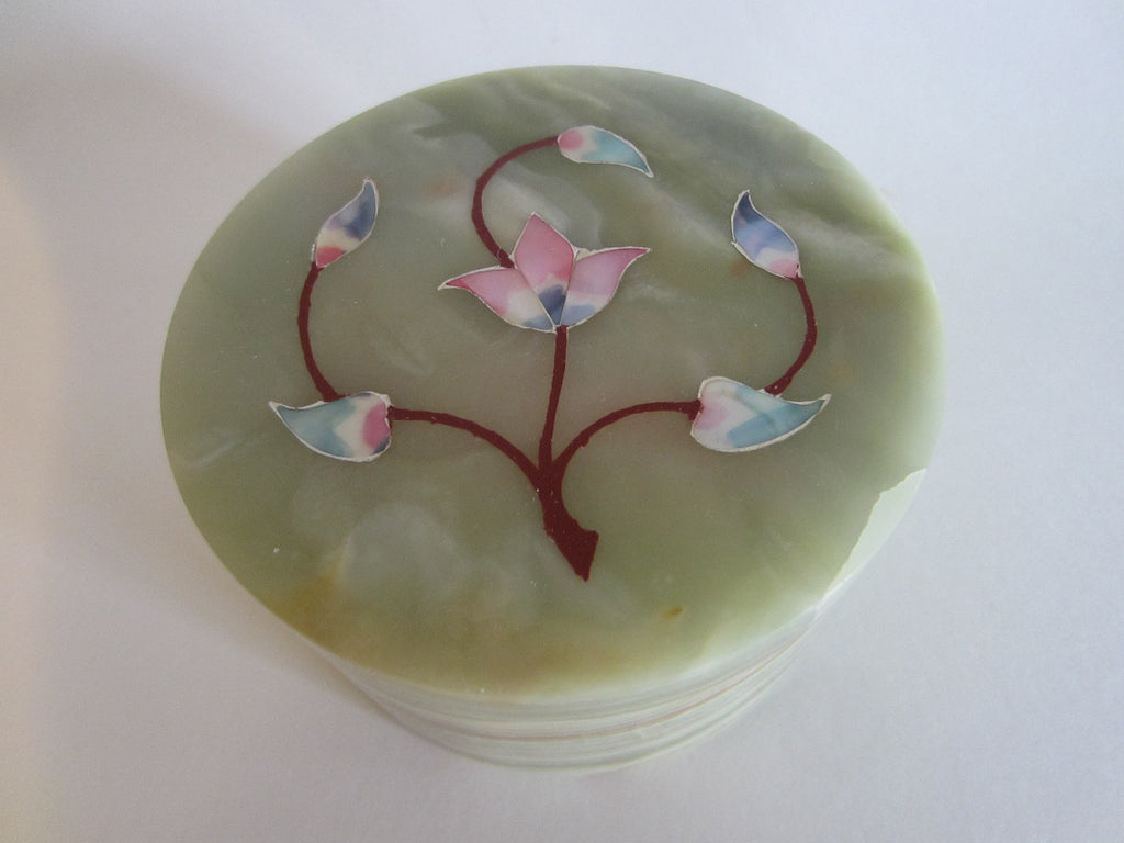 Pietre Dure Inlaid Flowers Decorative Green Round Marble Box – Designer ...