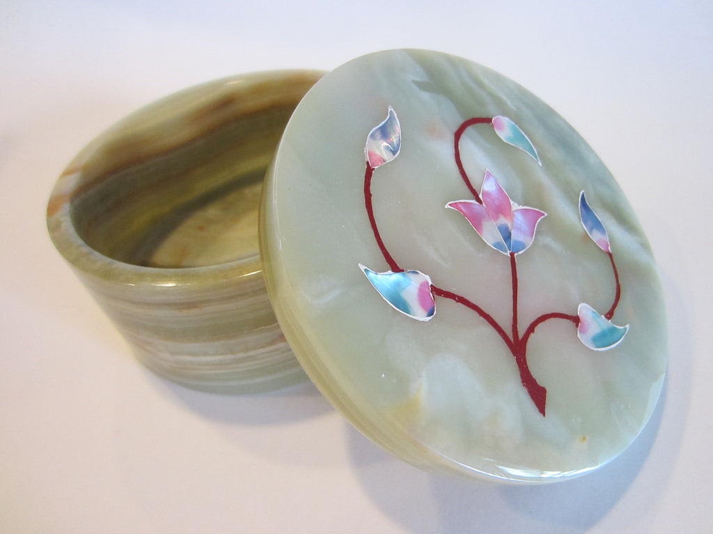 Pietre Dure Inlaid Flowers Decorative Green Round Marble Box – Designer ...