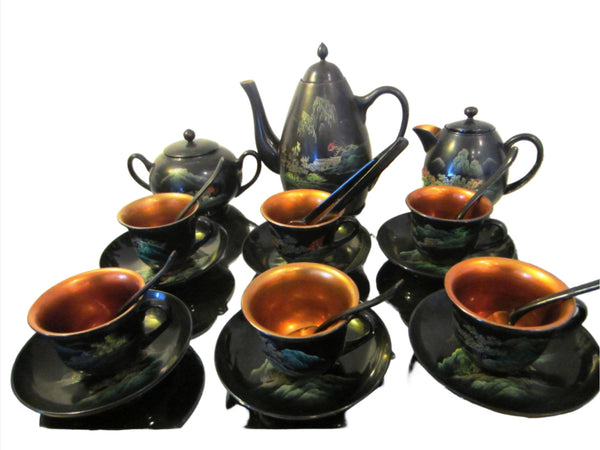 Asian Antique Black Gold Lacquer Tea Service Hand Painted Botanical ...
